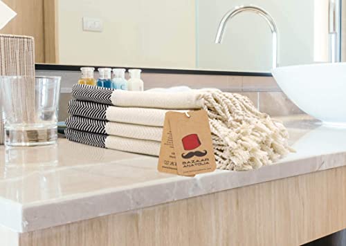 Turkish Hand Towel Set of 4 Herringbone Peshtemal Towel 100% Cotton 45x20" Light Weight Thin Quick Dry Hand Bath Hair Gym Face Tea Kitchen Set Farm House Decor Decorative Bathroom Towel (Black)
