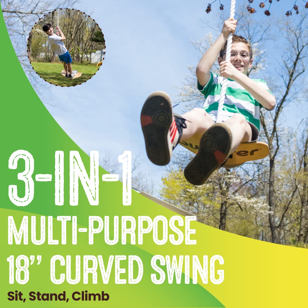Swurfer Swift - Maple Wood Disc Swing for Kids Ages 4 and Up, Holds up to 150 Pounds - Includes 18" Curved Seat Swing with Heavy Duty Braided Rope, Brown