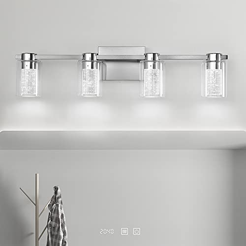 Eatich Bathroom Light Fixtures, Brushed Nickel Vanity Lights with Crystal Bubble Glass, Modern Bathroom Lights Over Mirror with Dimmable LED White/Neutral/Warm, 4-Light