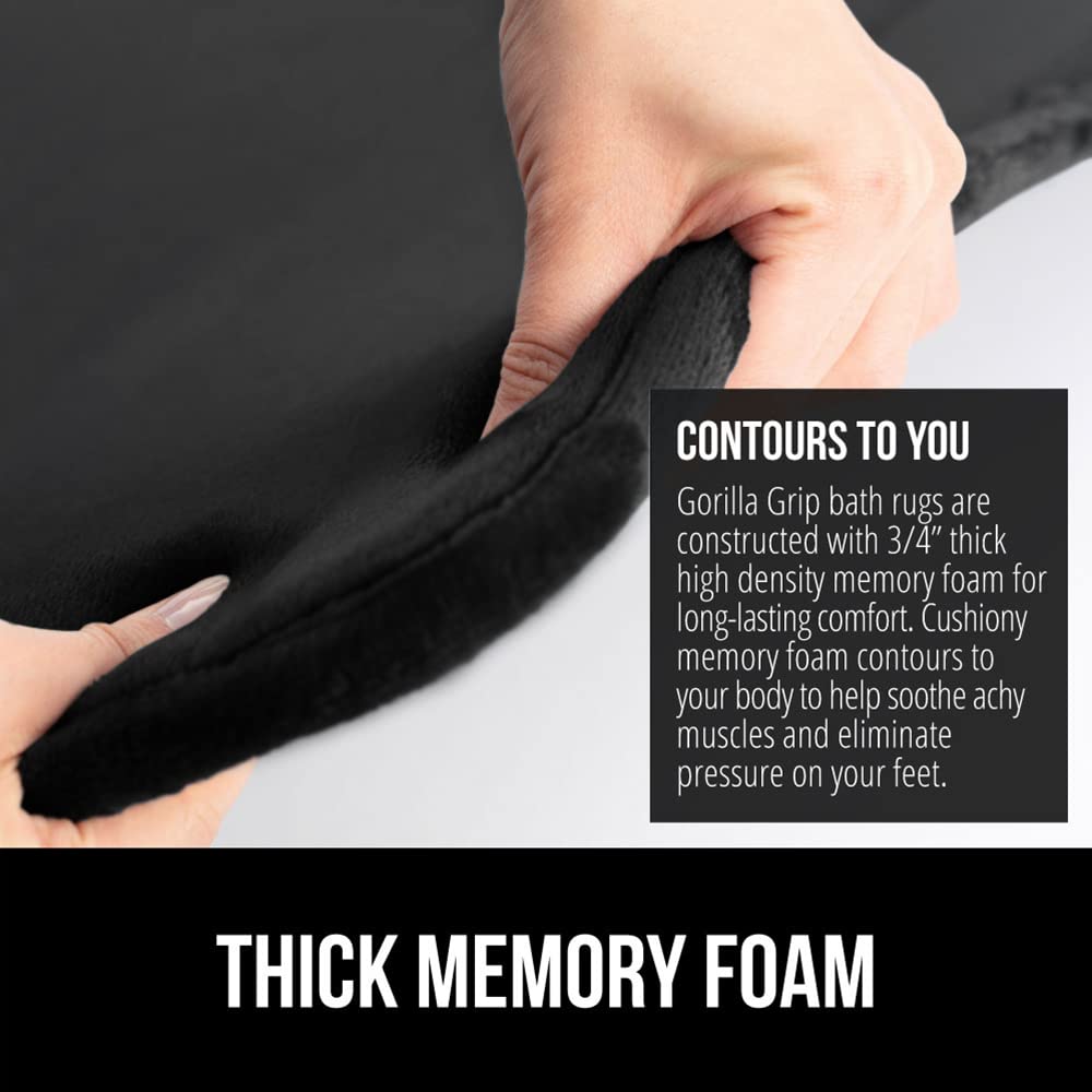 Gorilla Grip Thick Memory Foam Bath Rugs, Soft Absorbent Velvet Bathroom Mats, Durable Dots on Underside, Machine Washable Bathmat, Carpet Rug Room Decor for Shower Floor, 24x17 Mat, Black