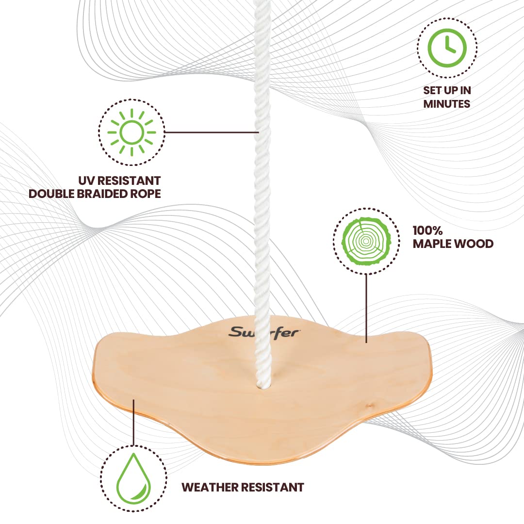 Swurfer Swift - Maple Wood Disc Swing for Kids Ages 4 and Up, Holds up to 150 Pounds - Includes 18" Curved Seat Swing with Heavy Duty Braided Rope, Brown