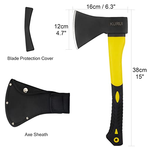 KURUI Wood Chopping Axe with Sheath, 15β Outdoor Camping Hatchet for Cutting and Kindling, Camp Splitting Axe with Fiber Glass Shock-Absorbent Anti-Slip Handle