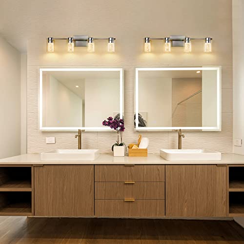 Eatich Bathroom Light Fixtures, Brushed Nickel Vanity Lights with Crystal Bubble Glass, Modern Bathroom Lights Over Mirror with Dimmable LED White/Neutral/Warm, 4-Light