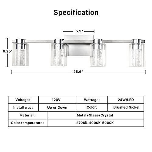 Eatich Bathroom Light Fixtures, Brushed Nickel Vanity Lights with Crystal Bubble Glass, Modern Bathroom Lights Over Mirror with Dimmable LED White/Neutral/Warm, 4-Light