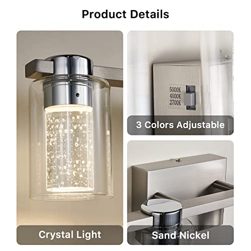Eatich Bathroom Light Fixtures, Brushed Nickel Vanity Lights with Crystal Bubble Glass, Modern Bathroom Lights Over Mirror with Dimmable LED White/Neutral/Warm, 4-Light
