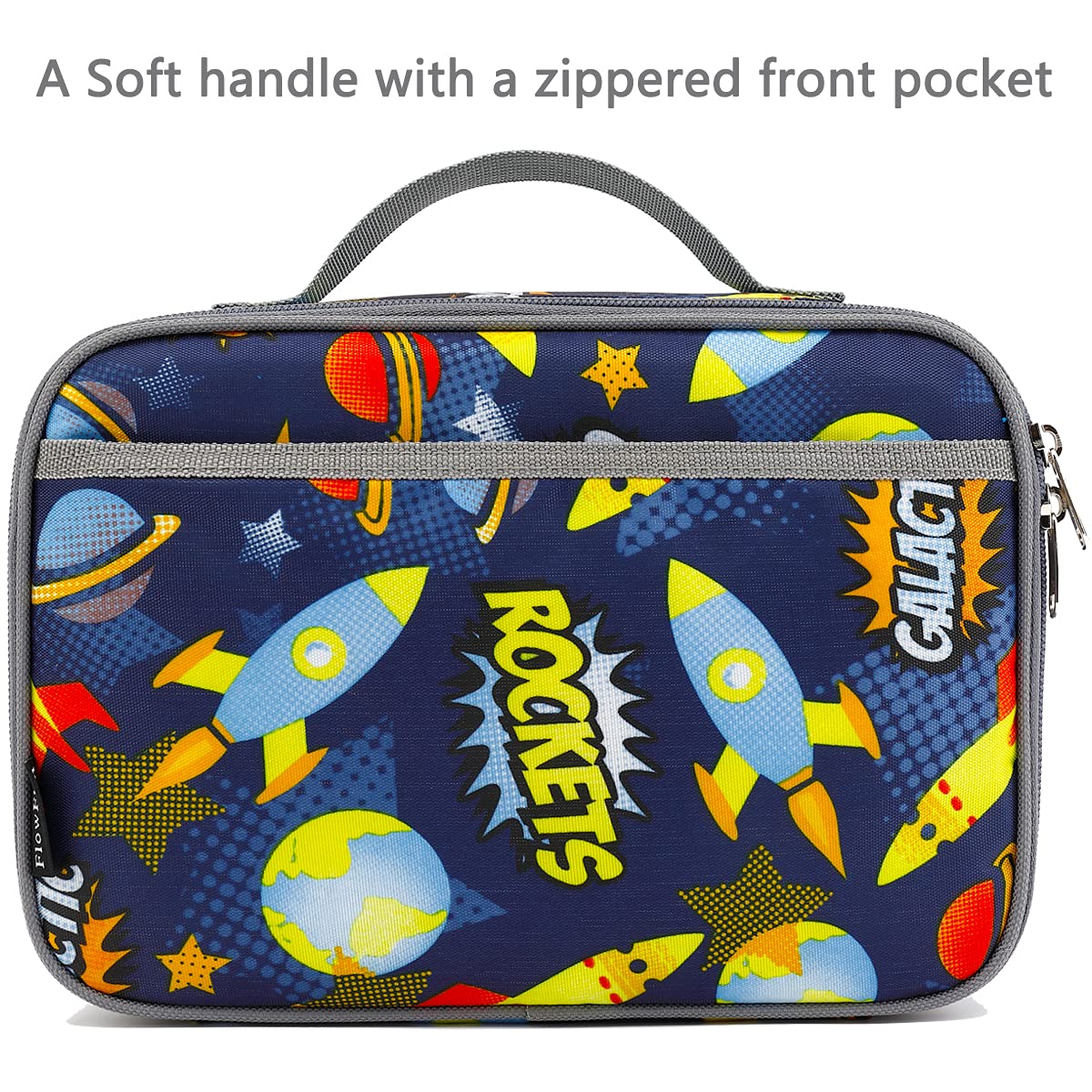 FlowFly Kids Lunch box Insulated Soft Bag Mini Cooler Back to School Thermal Meal Tote Kit for Girls, Boys, Outer Space Rocket Ships in Dark Navy Blue