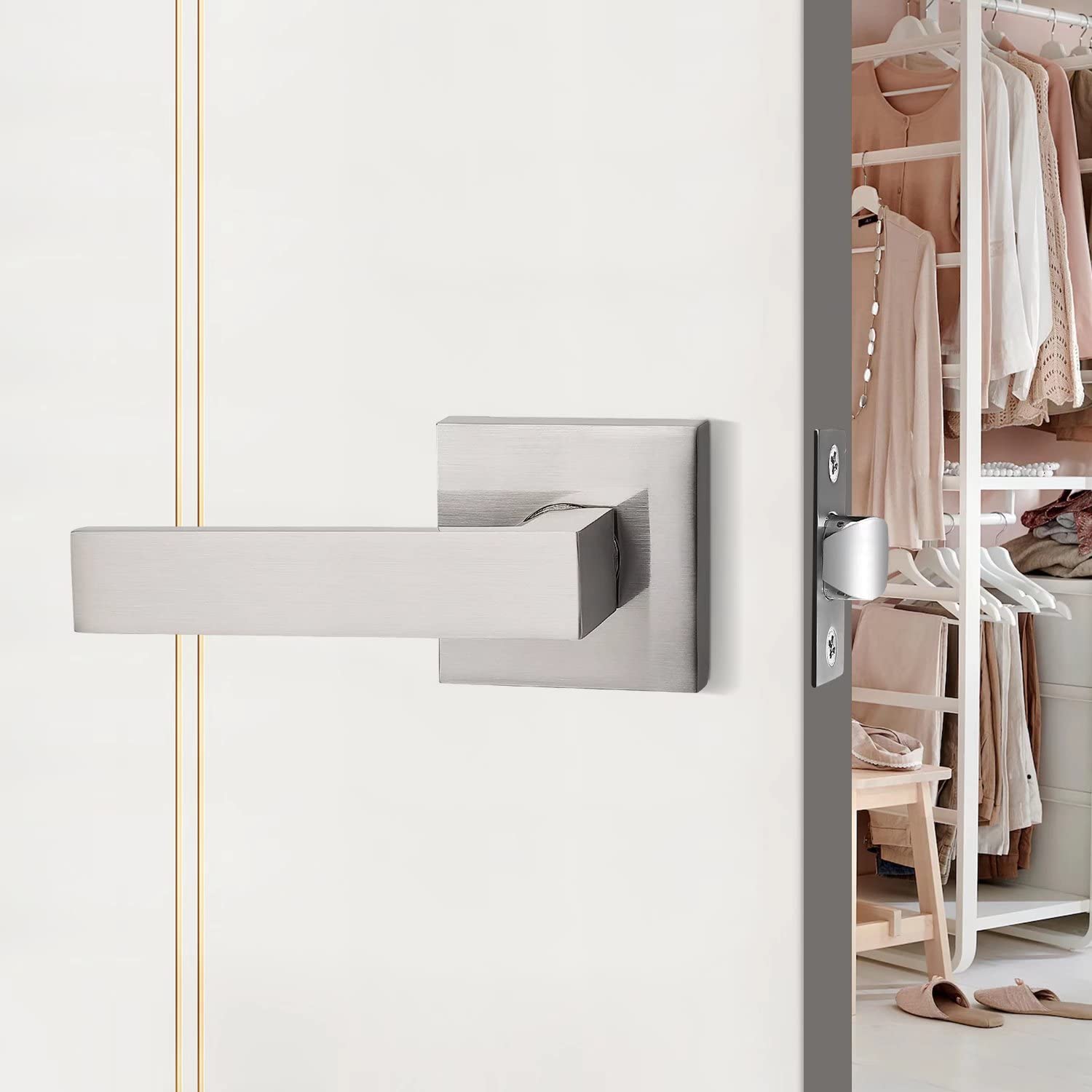 Probrico 10 Pack Square Door Lever Door Lock Handle Lockset Keyless Doorknobs Passage Knobs Lockset Interior Hallway Passage Closet in Satin Nickel
