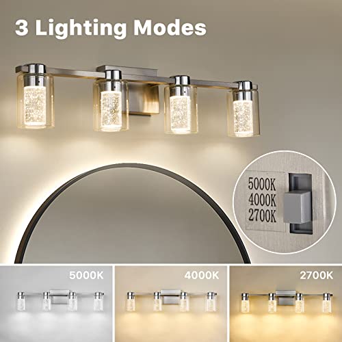 Eatich Bathroom Light Fixtures, Brushed Nickel Vanity Lights with Crystal Bubble Glass, Modern Bathroom Lights Over Mirror with Dimmable LED White/Neutral/Warm, 4-Light