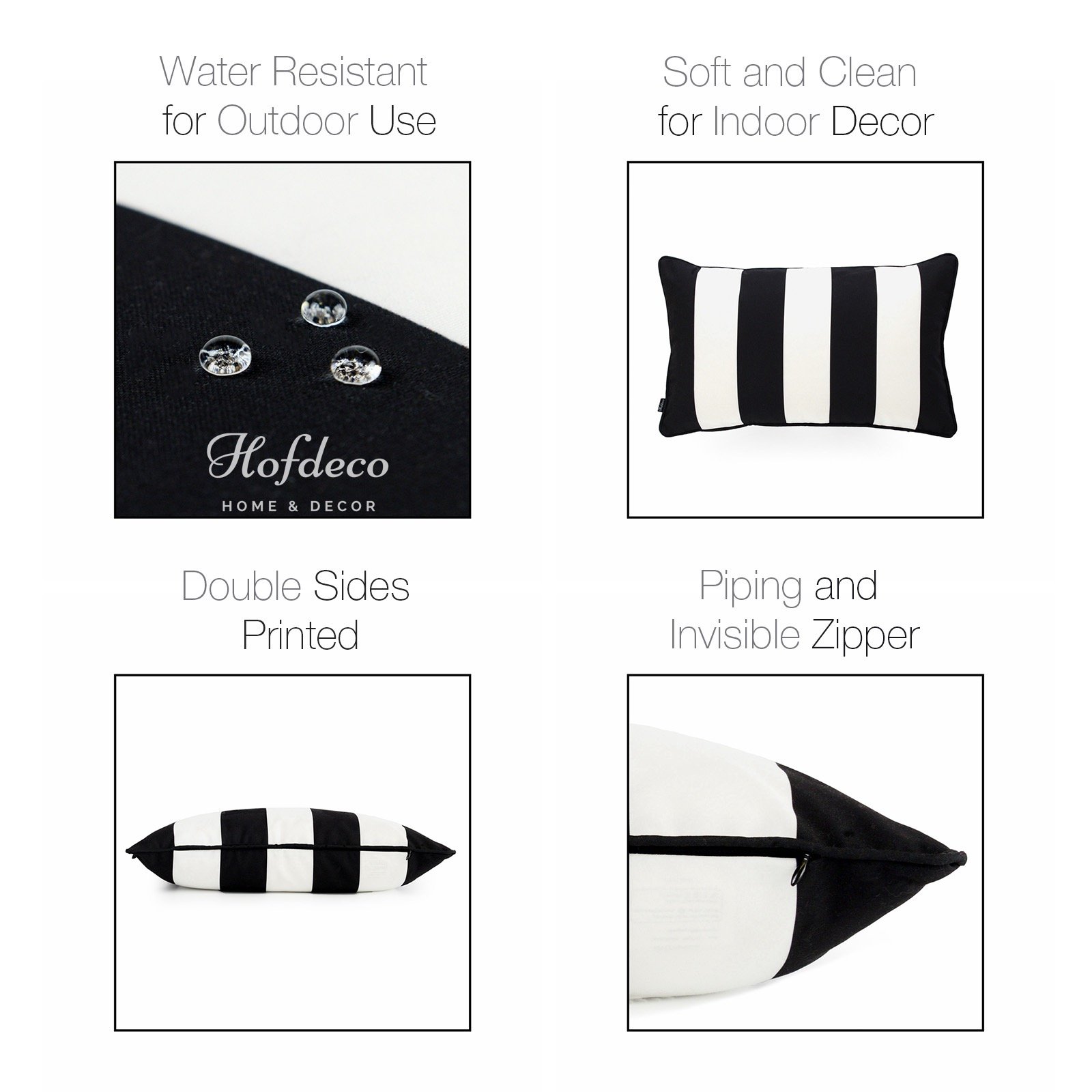 Hofdeco Decorative Lumbar Pillow Cover ONLY Indoor Outdoor Water Resistant Canvas Modern Black Stripes 12"x20"