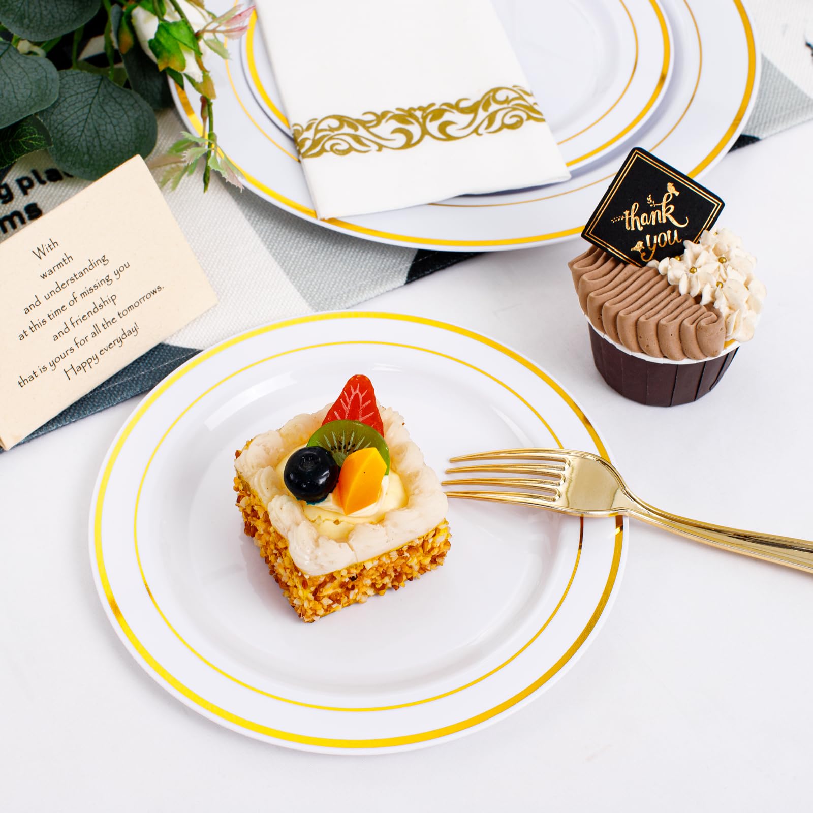 WDF 120 pieces Gold Disposable Plastic Plates - White and Gold Plates Include 10.25" Dinner Plates & 7.5" Salad Plates for Weddings and Party
