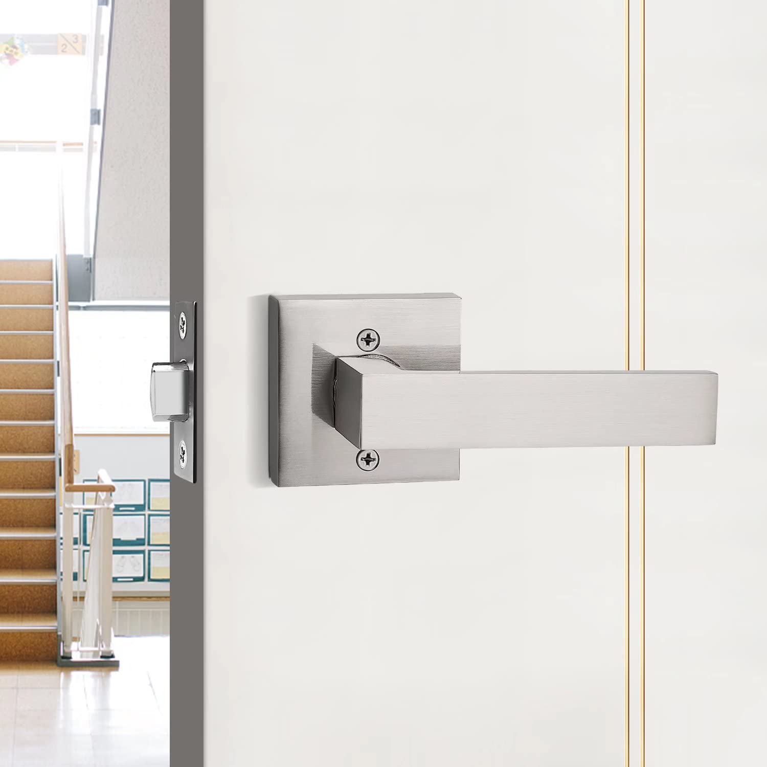 Probrico 10 Pack Square Door Lever Door Lock Handle Lockset Keyless Doorknobs Passage Knobs Lockset Interior Hallway Passage Closet in Satin Nickel