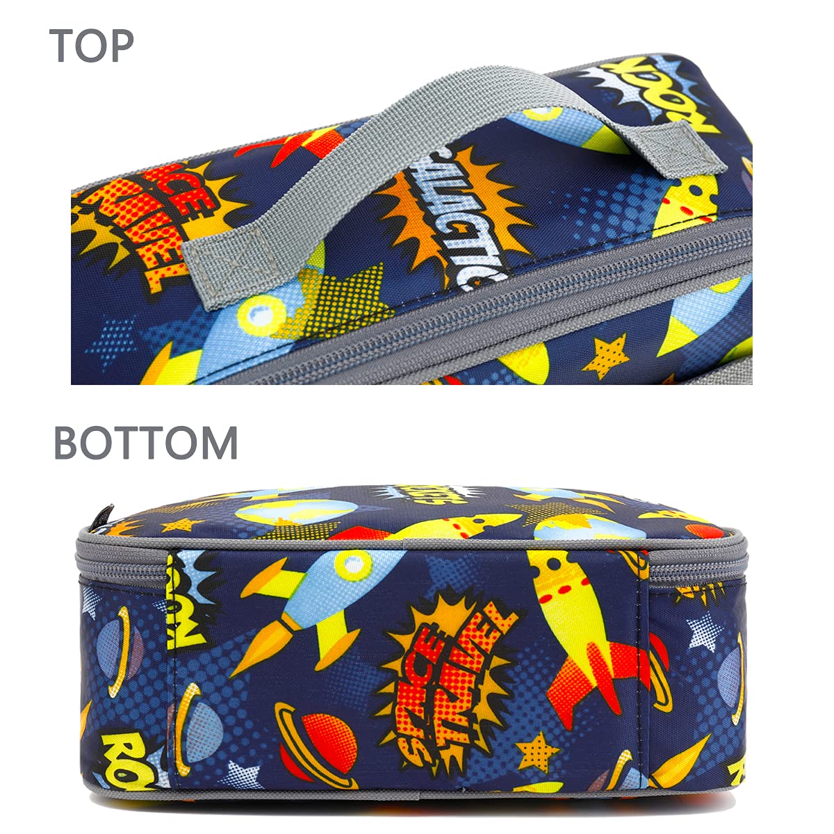 FlowFly Kids Lunch box Insulated Soft Bag Mini Cooler Back to School Thermal Meal Tote Kit for Girls, Boys, Outer Space Rocket Ships in Dark Navy Blue