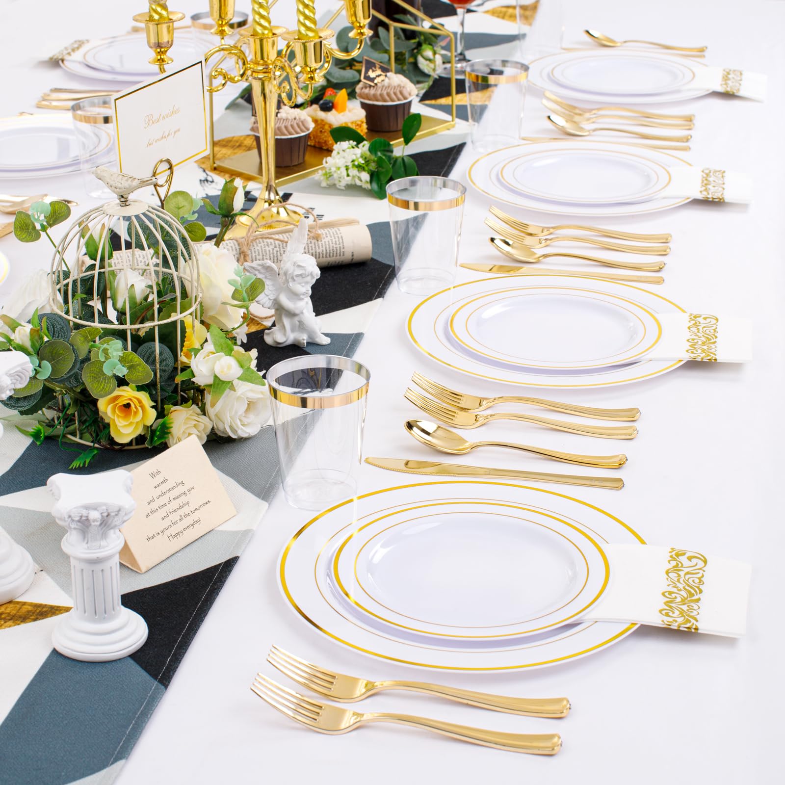 WDF 120 pieces Gold Disposable Plastic Plates - White and Gold Plates Include 10.25" Dinner Plates & 7.5" Salad Plates for Weddings and Party