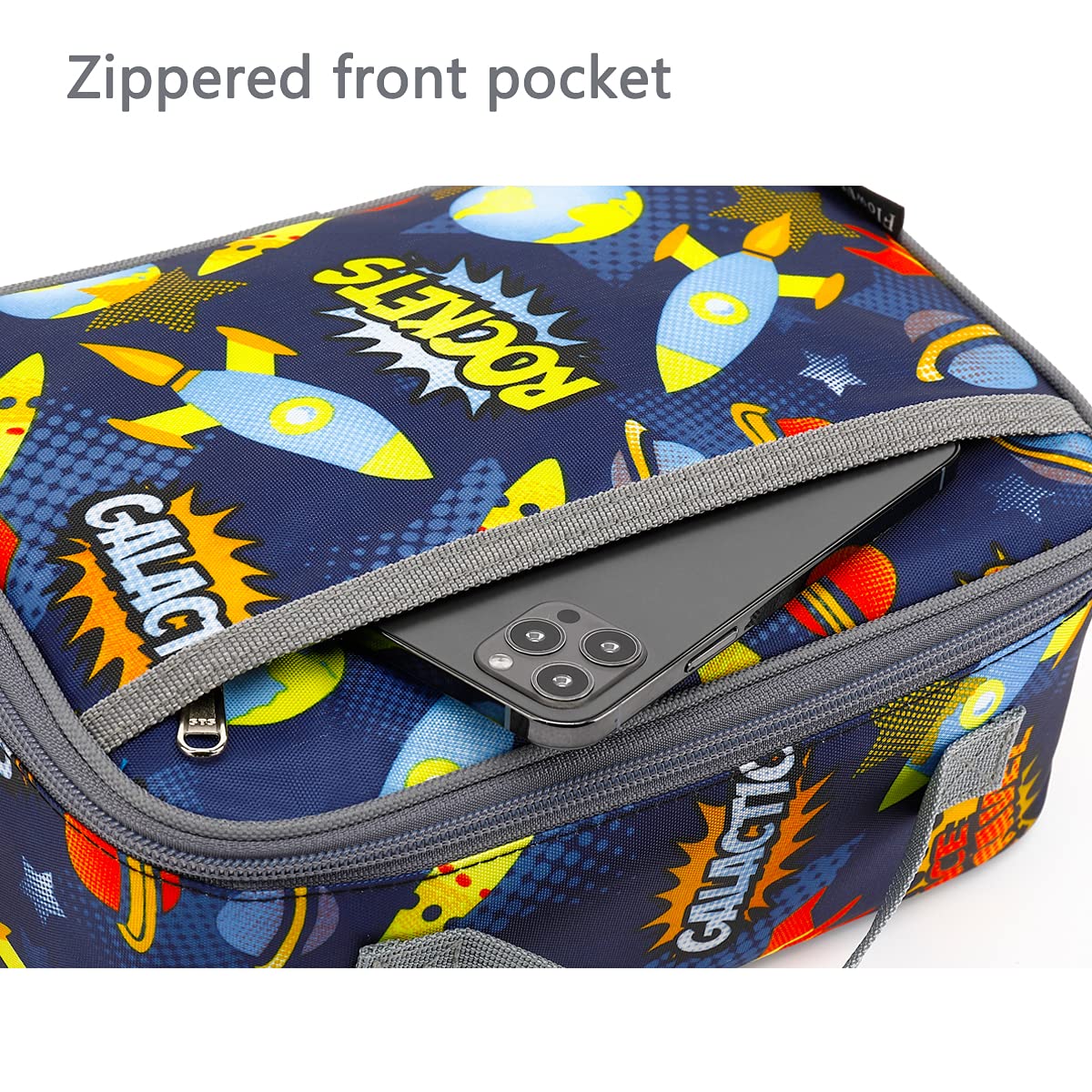 FlowFly Kids Lunch box Insulated Soft Bag Mini Cooler Back to School Thermal Meal Tote Kit for Girls, Boys, Outer Space Rocket Ships in Dark Navy Blue