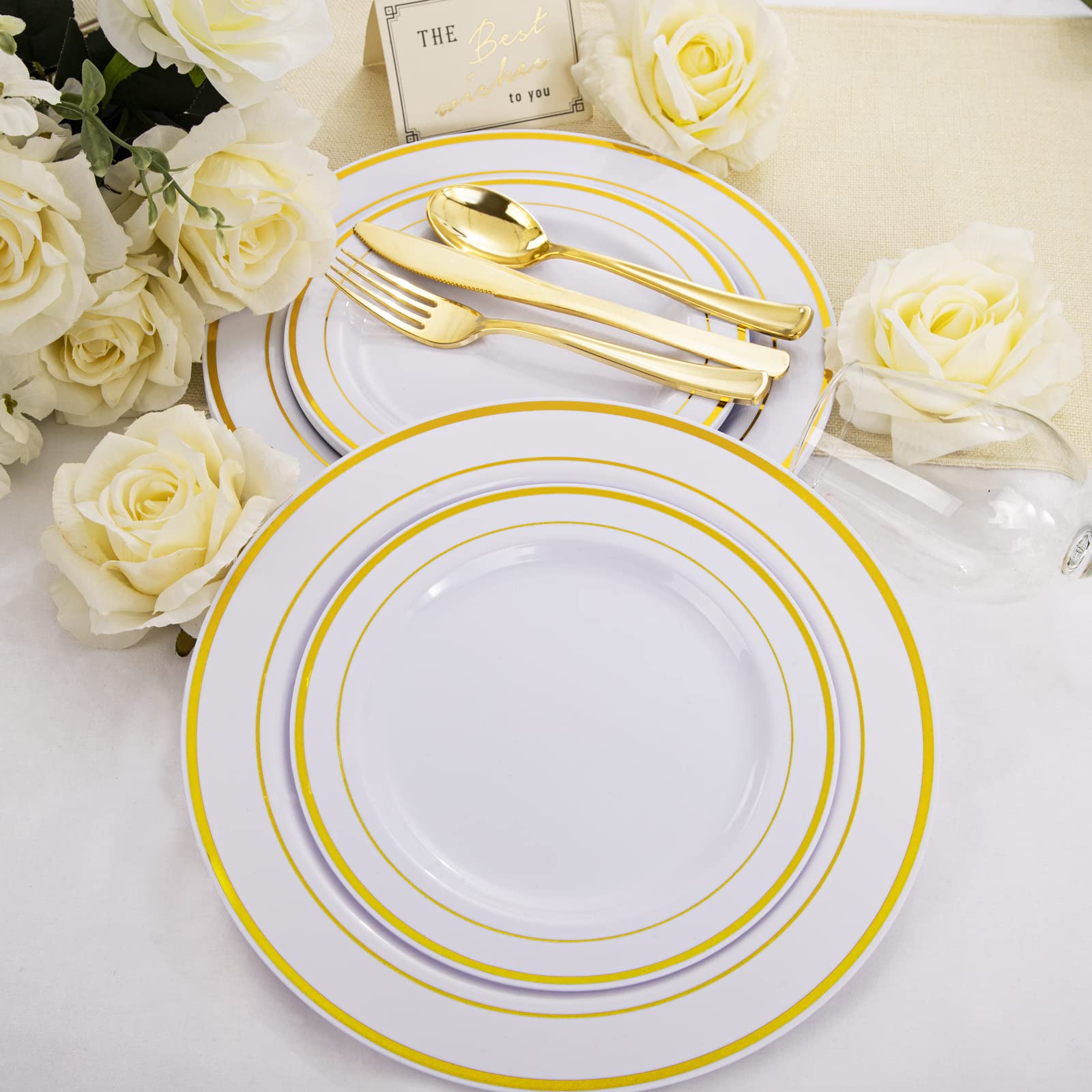 WDF 120 pieces Gold Disposable Plastic Plates - White and Gold Plates Include 10.25" Dinner Plates & 7.5" Salad Plates for Weddings and Party