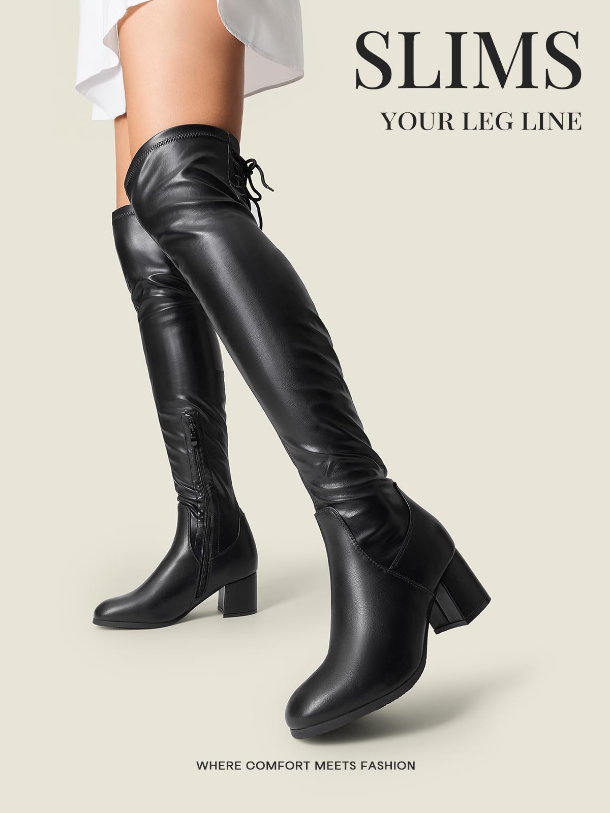 DREAM PAIRS Women's Laurence Over The Knee Thigh High Chunky Heel Boots Long Stretch Sexy Fall Boots,Size 8,Black/Pu,LAURENCE