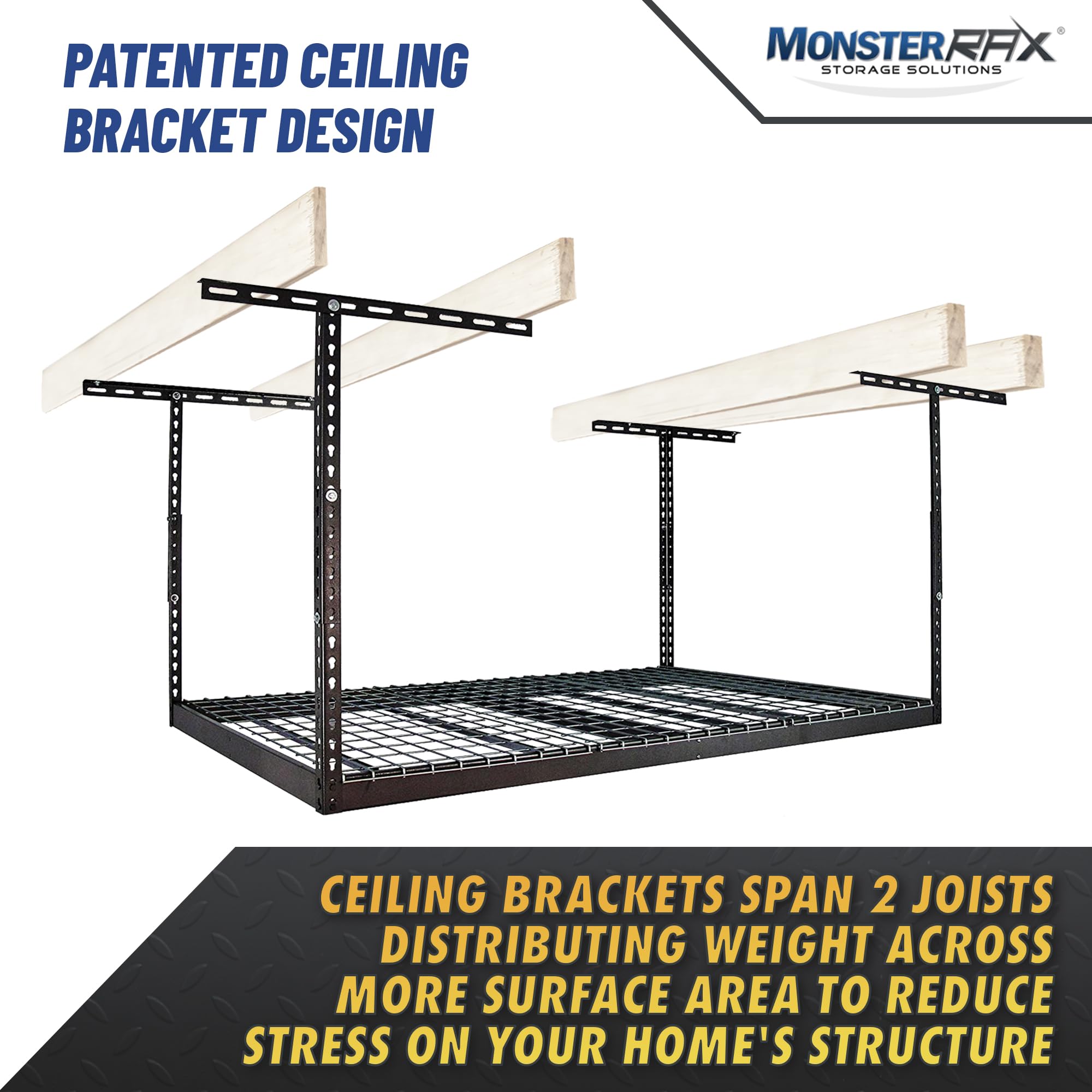 MonsterRax Overhead Garage Storage Racks 4x6, Ceiling Mounted Shelving, Adjustable Hanging Storage Organizer, Heavy Duty Steel, Holds 500 Pounds, Color: Hammertone, Adjusts 12"-21β off Ceiling