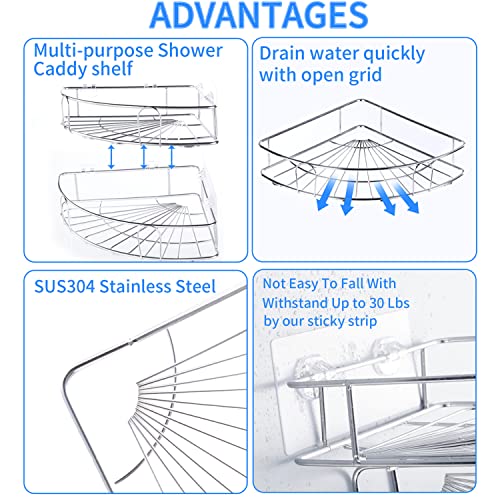 Corner Shower Caddy, SUS304 Stainless Steel Shower Corner Shelf Rust Proof Shelves, Rustproof corner shower caddy for Toilet, Dorm and Kitchen, Withstand Up to 50 Lbs, 2 Pack