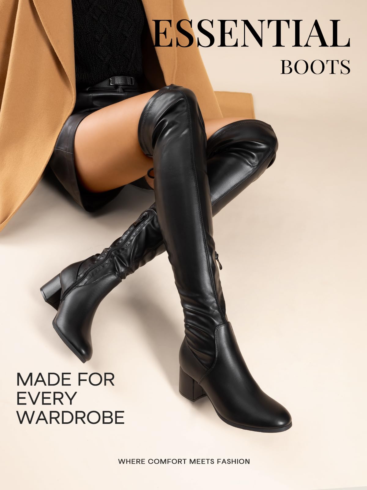 DREAM PAIRS Women's Laurence Over The Knee Thigh High Chunky Heel Boots Long Stretch Sexy Fall Boots,Size 8,Black/Pu,LAURENCE