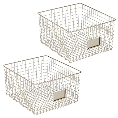 mDesign Wide Metal Farmhouse Storage Organizer Bin Baskets with Label Slot for Closet, Cabinet, Cupboard - Wire Organizing Basket Holds Clothing, Linens, Shoes, Omaha Collection, 2 Pack, Satin
