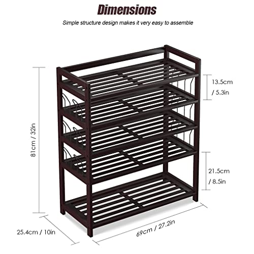 Bamboo Shoe Rack,Sundries Rack Kitchen Shelf 5 Tier Wooden Shoe Shelf Storage Organizer with Additional Hangers,Perfect for Entryway,Hallway, Bathroom Closet or Living Room (Brown)