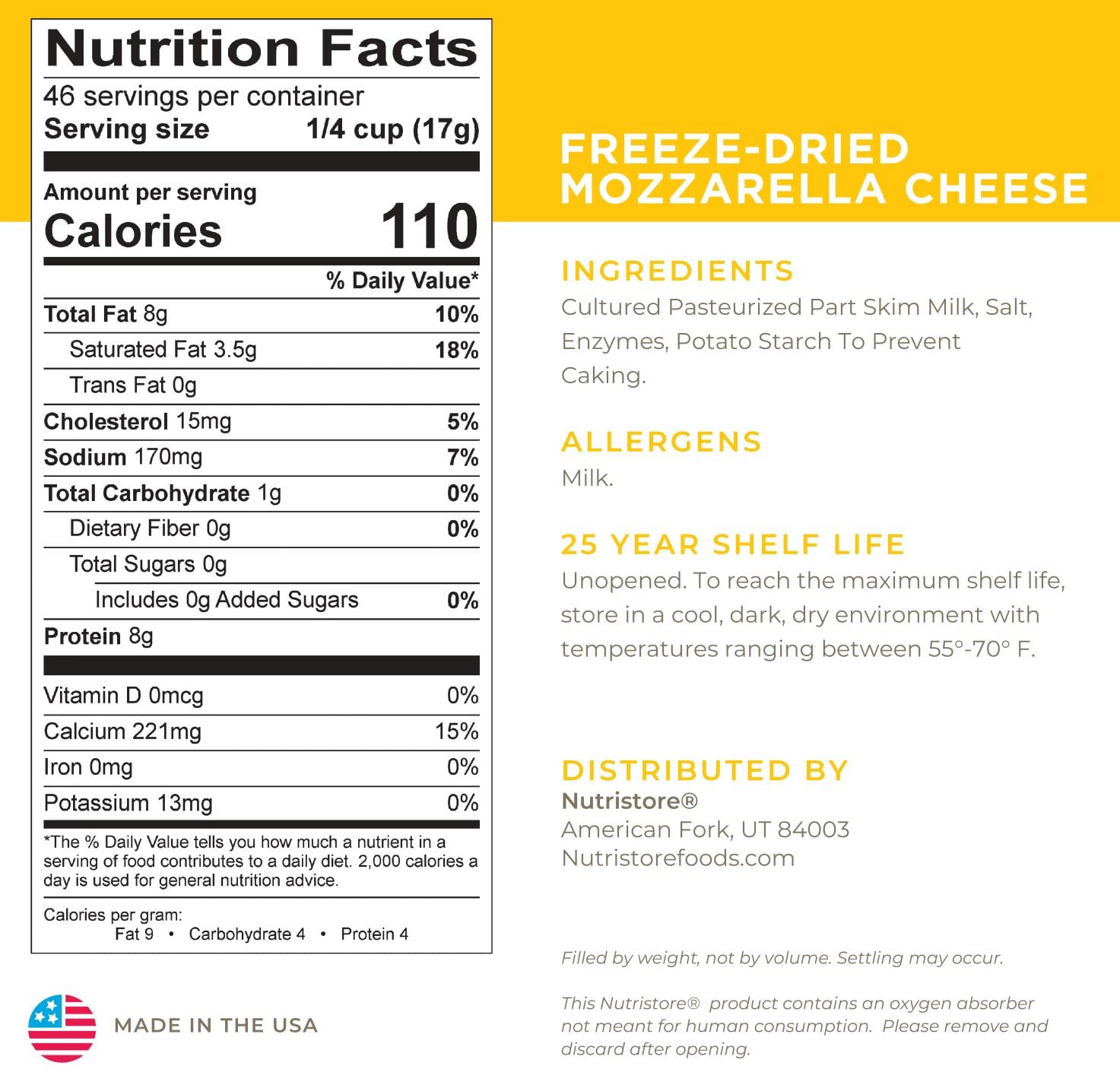 Nutristore Freeze Dried Mozzarella Cheese Shredded | Bulk Emergency Food Supply | Perfect for Camping, Backpacking and Everyday Meals or Snacking | 25 Year Shelf Life | #10 Can