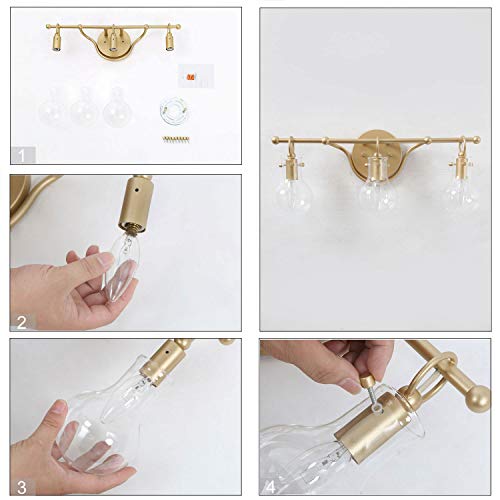 KSANA Gold Bathroom Light Fixtures, 3-Light Vanity Light Fixtures with Clear Glass