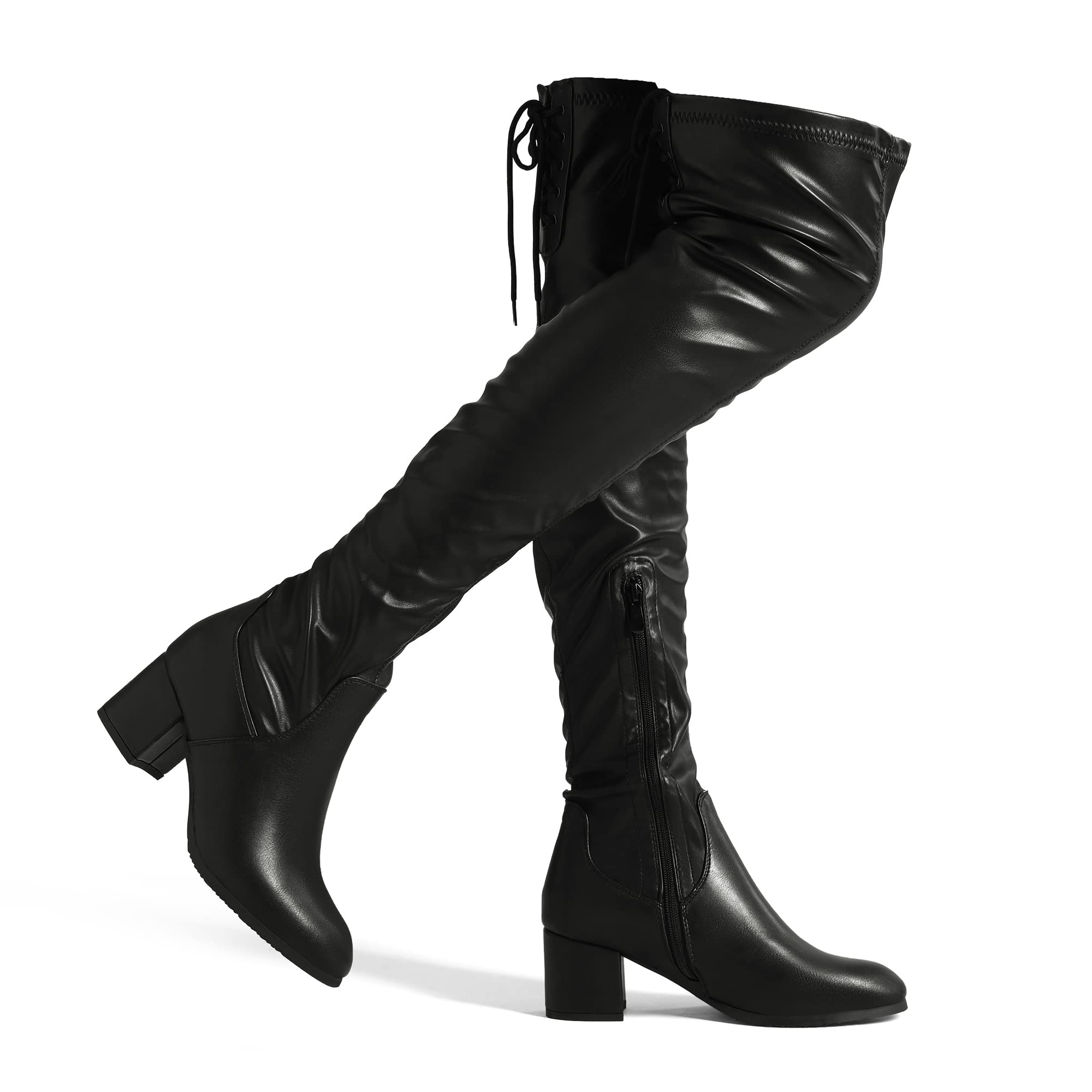 DREAM PAIRS Women's Laurence Over The Knee Thigh High Chunky Heel Boots Long Stretch Sexy Fall Boots,Size 8,Black/Pu,LAURENCE