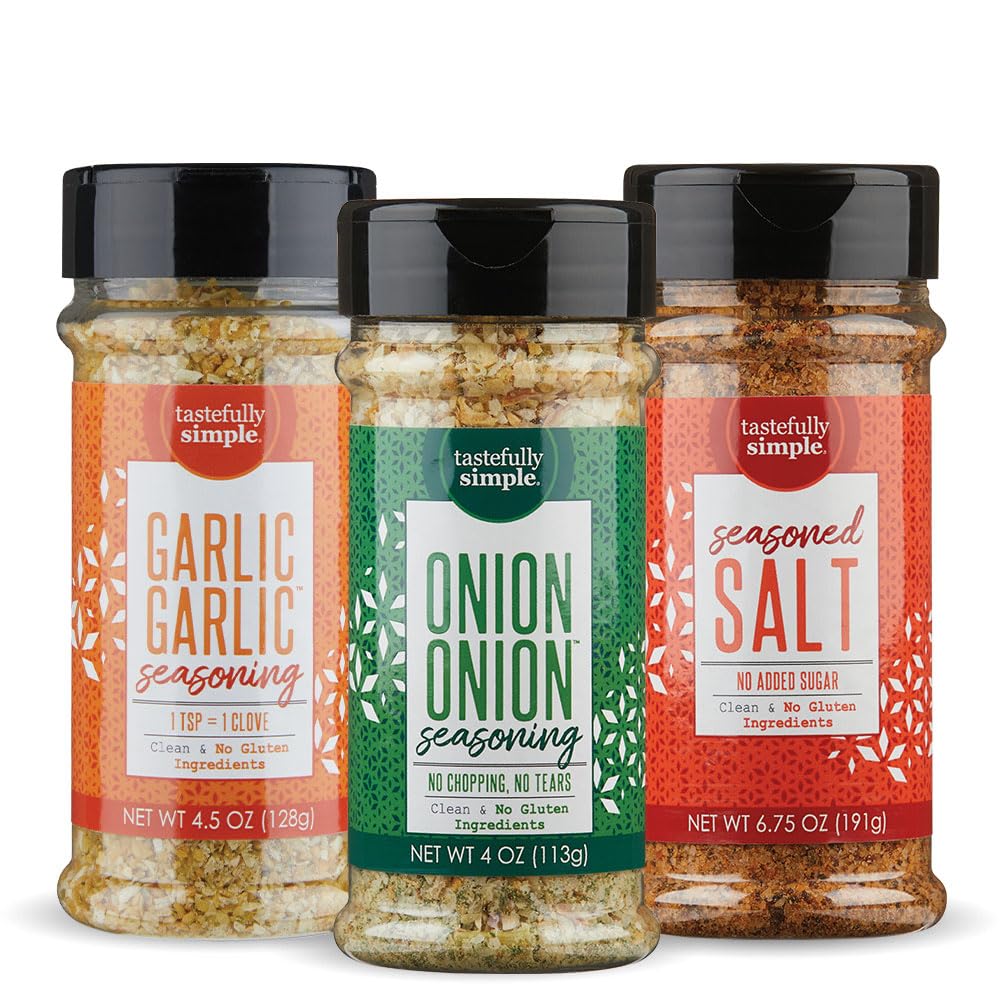 Tastefully Simple The Essential 3, Onion Onion Seasoning, Garlic Garlic Seasoning and Seasoned Salt, 4.5 Ounce (Combo Pack of 3)