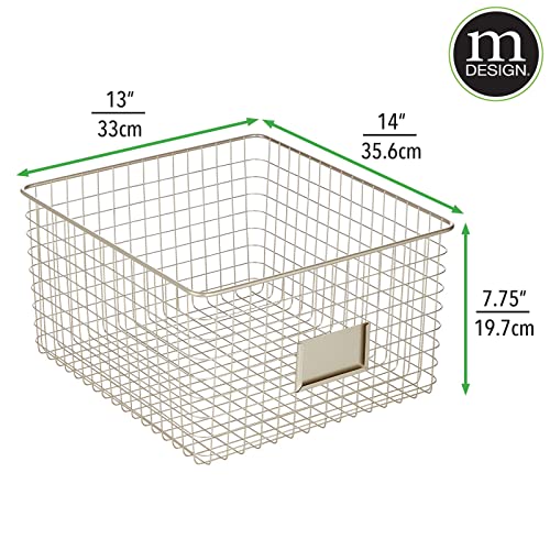 mDesign Wide Metal Farmhouse Storage Organizer Bin Baskets with Label Slot for Closet, Cabinet, Cupboard - Wire Organizing Basket Holds Clothing, Linens, Shoes, Omaha Collection, 2 Pack, Satin