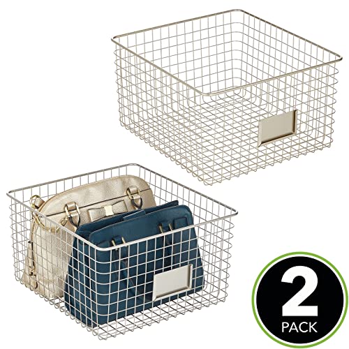 mDesign Wide Metal Farmhouse Storage Organizer Bin Baskets with Label Slot for Closet, Cabinet, Cupboard - Wire Organizing Basket Holds Clothing, Linens, Shoes, Omaha Collection, 2 Pack, Satin