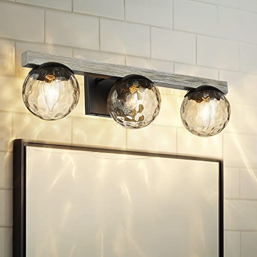 YKLITG Farmhouse Vanity Lights, Rustic Bathroom Lights with Hammered Glass Shade, 3-Light Bathroom Vanity Light with Wood Base for Bathroom, BD019-3-BK