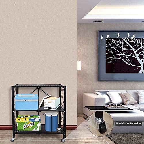 HealSmart 3-Tier Heavy Duty Foldable Metal Rack Storage Shelving Unit with Wheels Moving Easily Organizer Shelves Great for Garage Kitchen Holds up to 750 lbs Capacity, Black (HKSHLFFOLD28153403BV1)