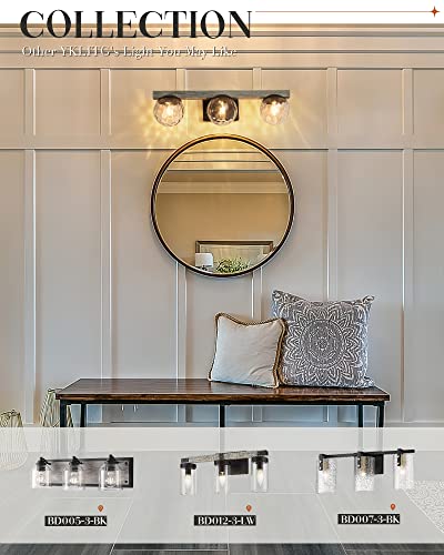 YKLITG Farmhouse Vanity Lights, Rustic Bathroom Lights with Hammered Glass Shade, 3-Light Bathroom Vanity Light with Wood Base for Bathroom, BD019-3-BK