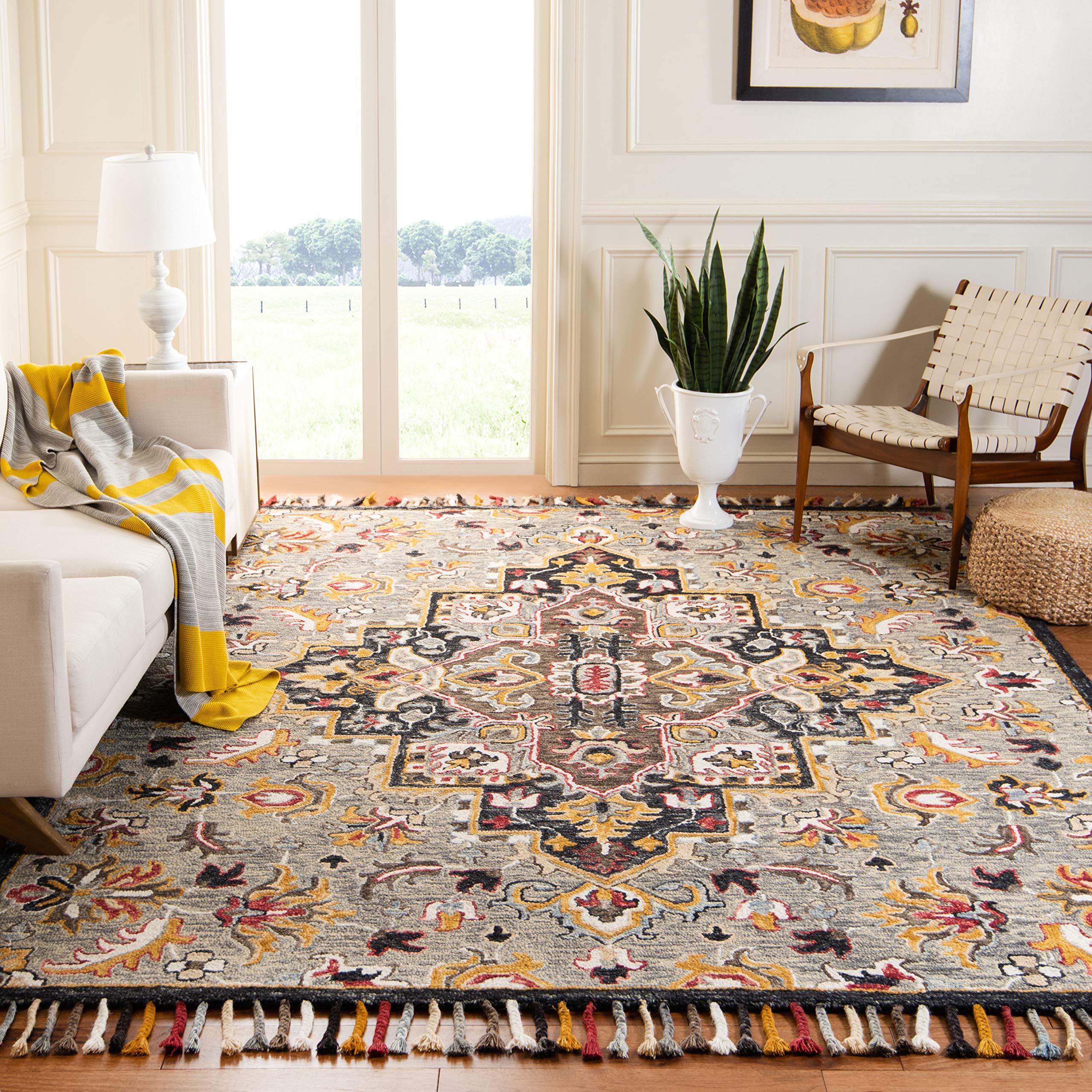 SAFAVIEH Aspen Collection Area Rug - 8' x 10', Grey & Charcoal, Handmade Boho Braided Tassel Wool, Ideal for High Traffic Areas in Living Room, Bedroom (APN207F)