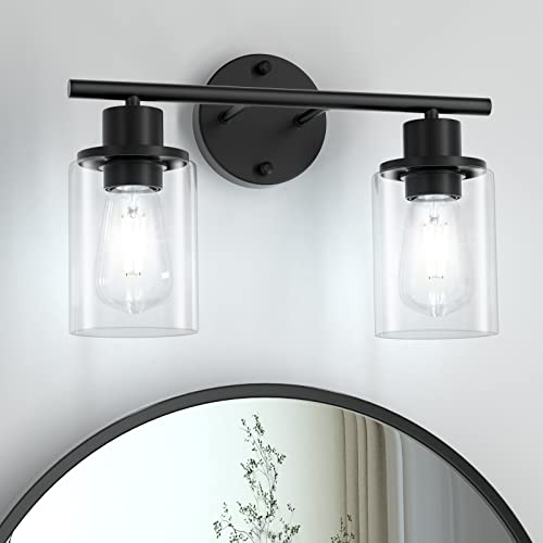 Licperron 2-Light Bathroom Vanity Light Fixtures, Modern Black Bathroom Vanity Lights Over Mirror with Clear Glass Shade, Industrial Wall Mounted Sconces Lighting for Bedroom Hallway