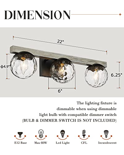 YKLITG Farmhouse Vanity Lights, Rustic Bathroom Lights with Hammered Glass Shade, 3-Light Bathroom Vanity Light with Wood Base for Bathroom, BD019-3-BK