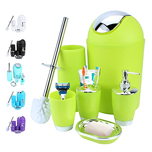 6 Piece Bathroom Accessories Set, Plastic Bath Ensemble Bath Set Lotion Bottles Toothbrush Holder Tooth Mug Soap Dish Toilet Brush Trash Can Decorative Bath Accessory Kit, Green