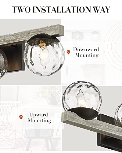 YKLITG Farmhouse Vanity Lights, Rustic Bathroom Lights with Hammered Glass Shade, 3-Light Bathroom Vanity Light with Wood Base for Bathroom, BD019-3-BK