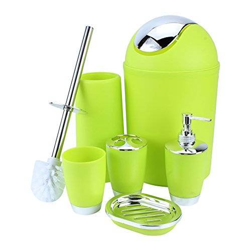 6 Piece Bathroom Accessories Set, Plastic Bath Ensemble Bath Set Lotion Bottles Toothbrush Holder Tooth Mug Soap Dish Toilet Brush Trash Can Decorative Bath Accessory Kit, Green