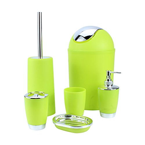 6 Piece Bathroom Accessories Set, Plastic Bath Ensemble Bath Set Lotion Bottles Toothbrush Holder Tooth Mug Soap Dish Toilet Brush Trash Can Decorative Bath Accessory Kit, Green