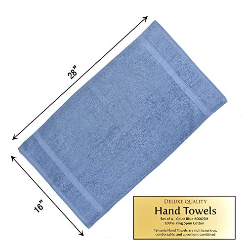TALVANIA Hand Towels - 100% Cotton Bathroom Towel Set Hotel Spa Quality 600GSM - Super Soft Absorbent - Use for Home Bath Hand Face - 16β X 28β - Set of 4 (Blue)