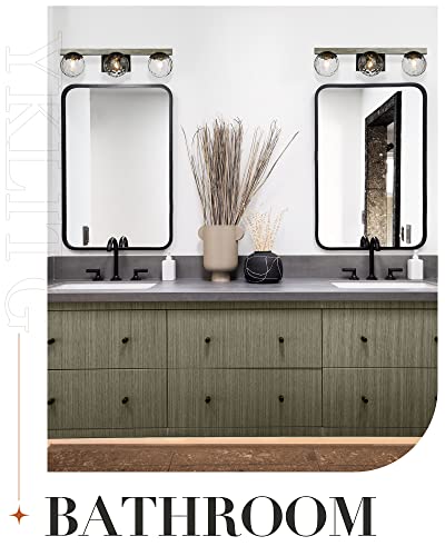 YKLITG Farmhouse Vanity Lights, Rustic Bathroom Lights with Hammered Glass Shade, 3-Light Bathroom Vanity Light with Wood Base for Bathroom, BD019-3-BK