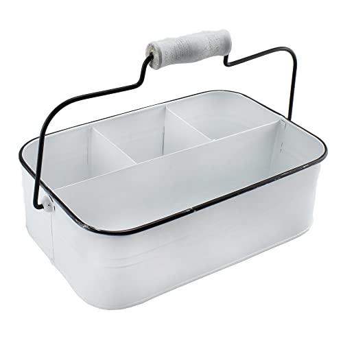 AuldHome Large Rustic Caddy; 4-Section White Enamelware Farmhouse Style Organizer with Handle