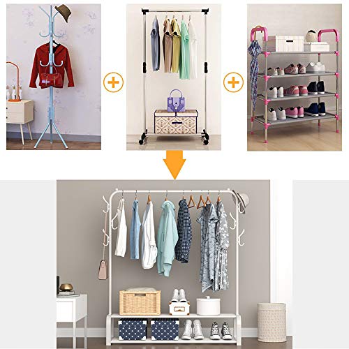 YAYI Garment Rack Clothes Rack Freestanding Hanger Bedroom Clothing Rack With 2-Tier Lower Storage Shelf And Side Hooks,White