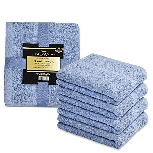 TALVANIA Hand Towels - 100% Cotton Bathroom Towel Set Hotel Spa Quality 600GSM - Super Soft Absorbent - Use for Home Bath Hand Face - 16β X 28β - Set of 4 (Blue)