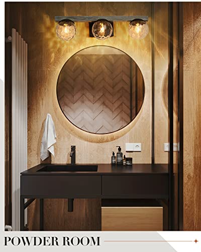 YKLITG Farmhouse Vanity Lights, Rustic Bathroom Lights with Hammered Glass Shade, 3-Light Bathroom Vanity Light with Wood Base for Bathroom, BD019-3-BK