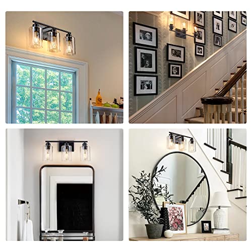 GZDEZCL Bathroom Vanity Light Fixtures, 3-Light Bathroom Wall Light Matte Black Bathroom Wall Lamp Modern Wall Sconce Lighting with Clear Glass Shade for Mirror Bedroom Powder Room Hallway(17.7 Inch)