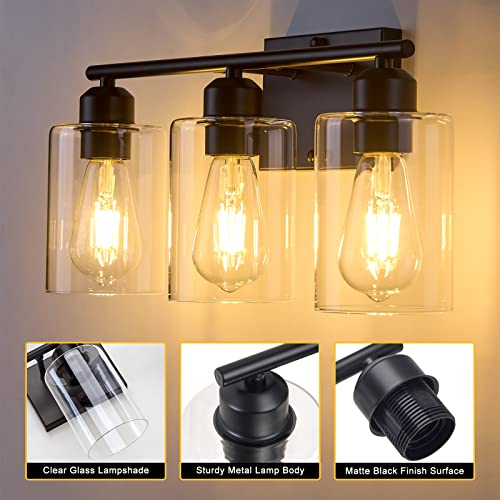 GZDEZCL Bathroom Vanity Light Fixtures, 3-Light Bathroom Wall Light Matte Black Bathroom Wall Lamp Modern Wall Sconce Lighting with Clear Glass Shade for Mirror Bedroom Powder Room Hallway(17.7 Inch)