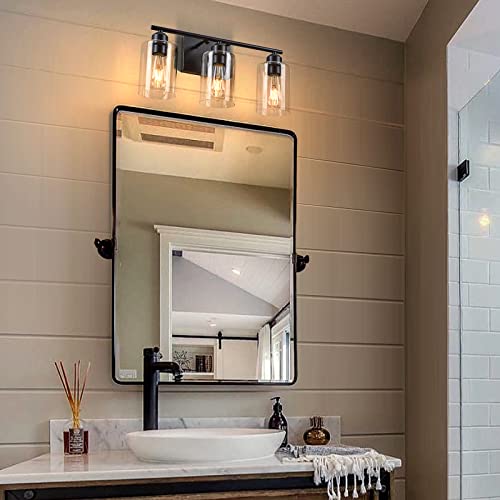 GZDEZCL Bathroom Vanity Light Fixtures, 3-Light Bathroom Wall Light Matte Black Bathroom Wall Lamp Modern Wall Sconce Lighting with Clear Glass Shade for Mirror Bedroom Powder Room Hallway(17.7 Inch)
